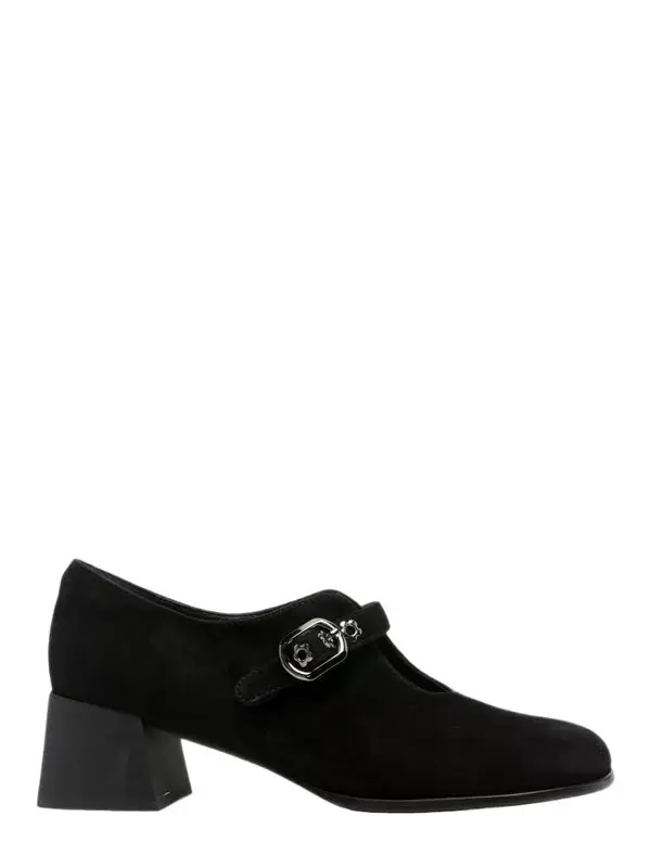 LINDA BAUMANN Suede Buckle-fastening Block-heel Pumps - Black