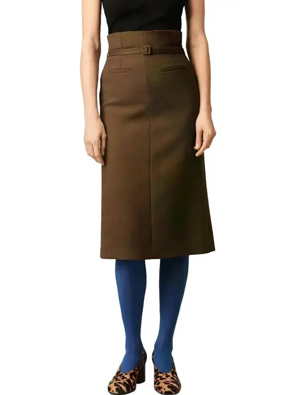 AMI Paris Belted Wool Pencil Skirt - Brown