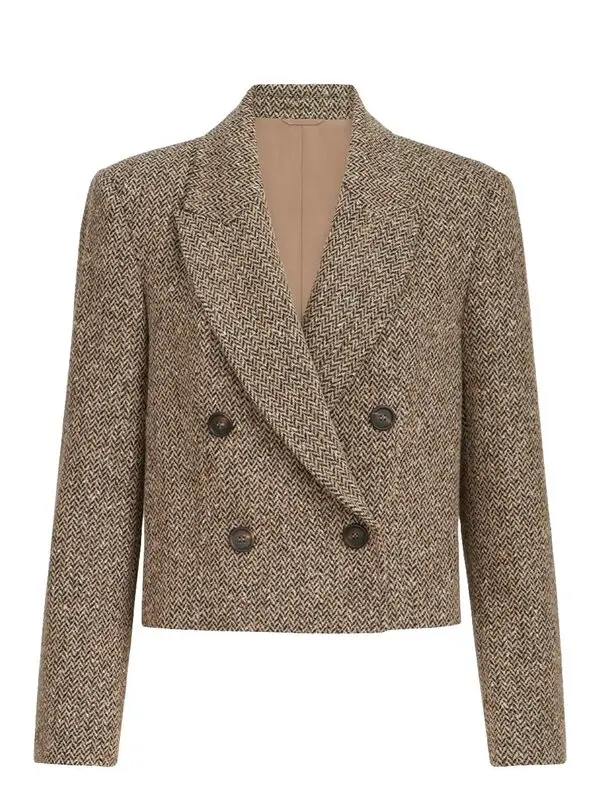 Brunello Cucinelli Sparkling Virgin Wool Chevron Cropped Blazer - Brown