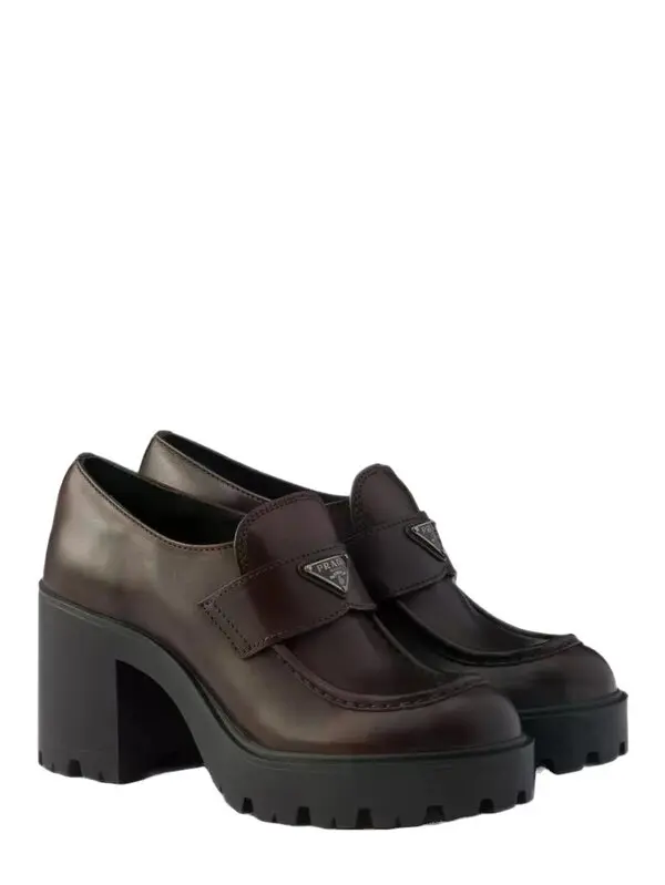 Prada Leather Loafers With High Heel And Platform Sole - Brown
