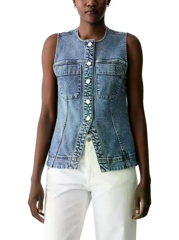Dkny Buckled Denim Button-down Top - Blue