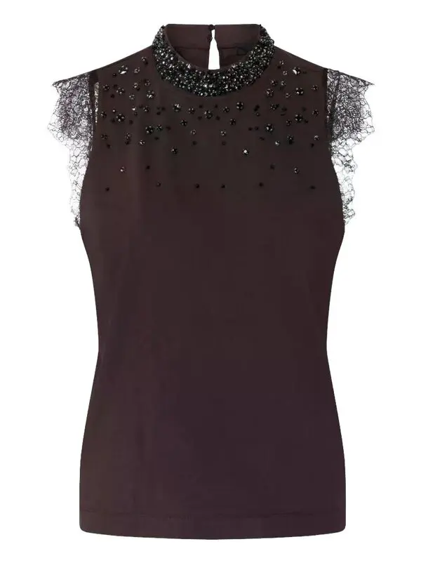 Liu Jo Rhinestone And Lace Embellished High Neck T-shirt - Brown