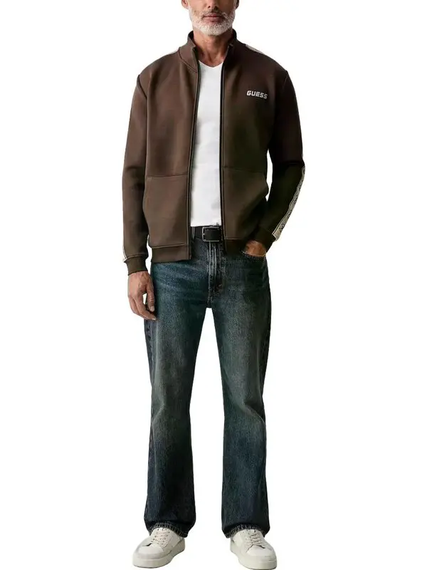 Guess Logo Tape Zip-up Sweater - Brown