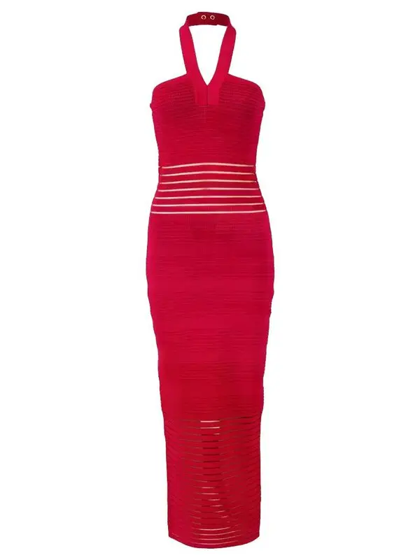 Balmain Halterneck Openwork Panel Maxi Dress - Red