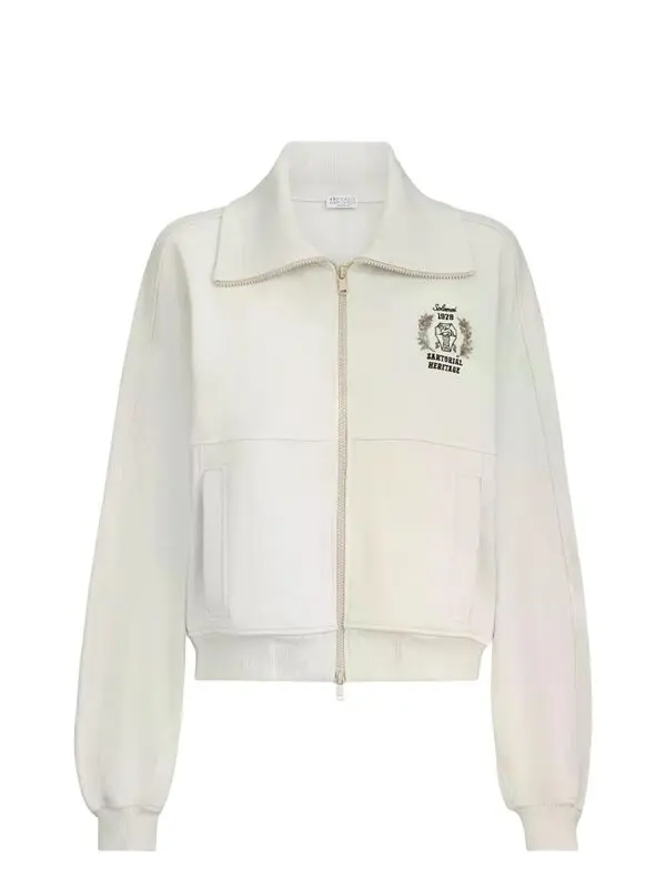 Brunello Cucinelli Cotton French Terry Zip-up Sweatshirt With Embroidered Logo - White