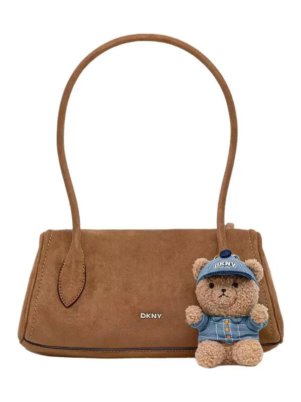 Dkny Logo Plaque Tote Bag With Teddy Bear Charm - Brown