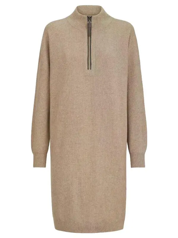 Brunello Cucinelli Rib-knit Dress In Virgin Wool, Cashmere, And Silk With Half-zip - Neutrals