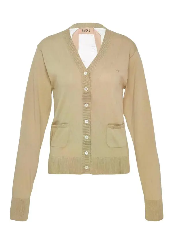 N°21 Beige Cotton V-neck Cardigan With Floral Lace Panel - Neutrals