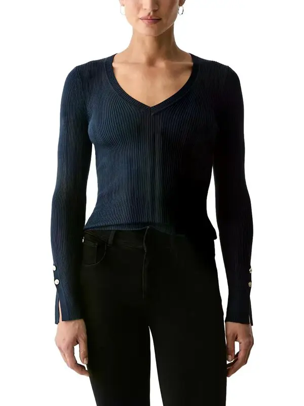Guess V-neck Long Sleeve Ribbed Knit T-shirt - Blue
