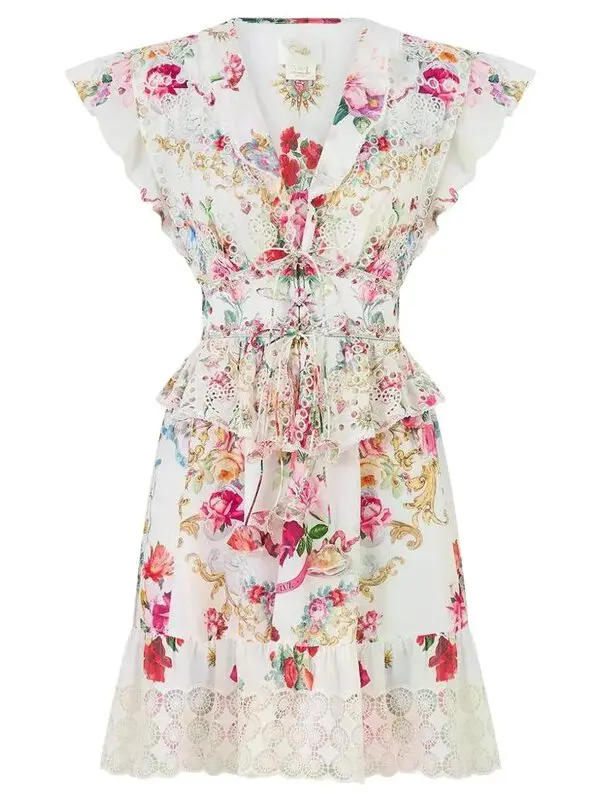 Camilla Floral Print Ruffled V-neck Dress - White