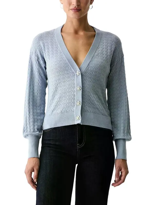 Guess Pointelle-knit Crystal-embellished Cardigan - Blue