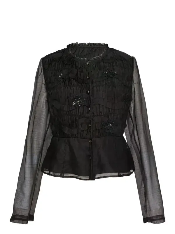RENLI SU Smocked Sequin-embellished Sheer Sleeve Blouse - Black
