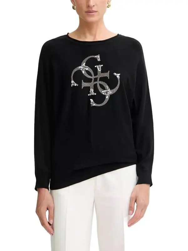 Guess Sequin Embellished Logo Print Crew Neck Sweater - Black