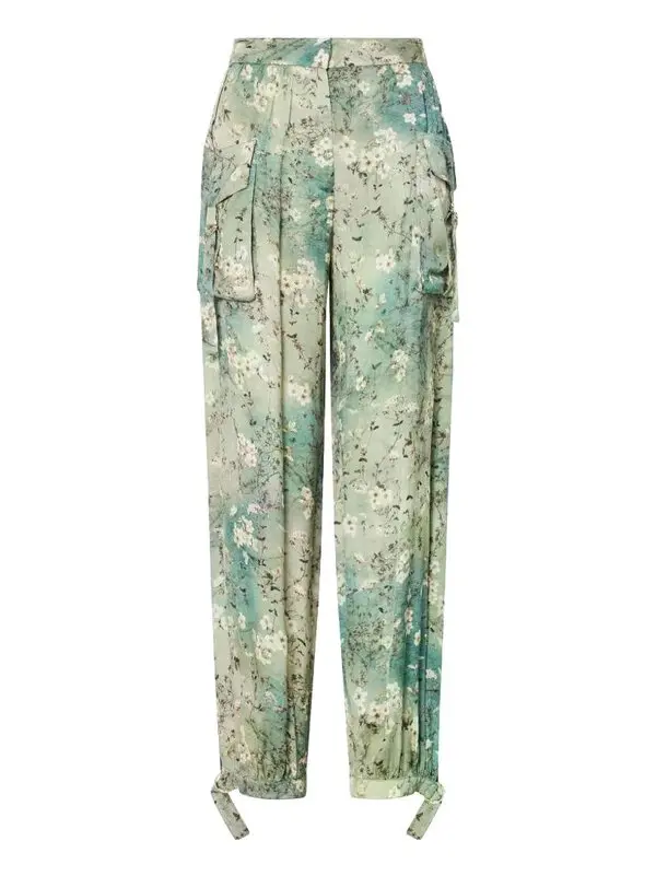 Liu Jo Floral Printed Viscose Satin Trousers - Green