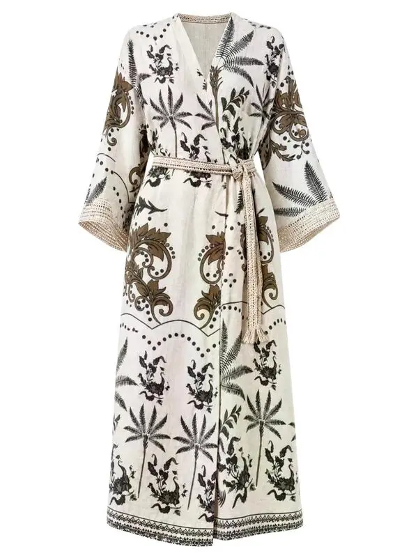 NEMA Botanical Print Wrap Midi Dress - Neutrals