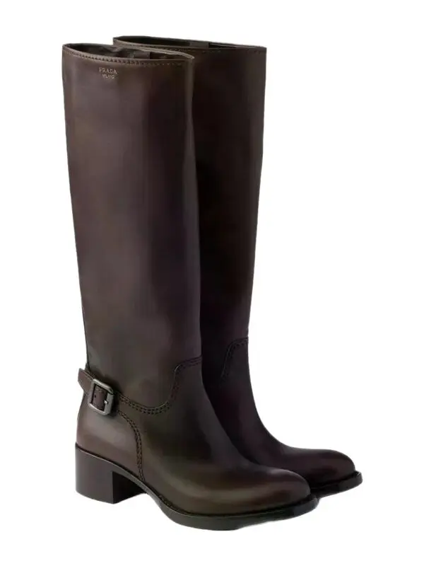 Prada Leather Buckled Knee-high Boots - Brown