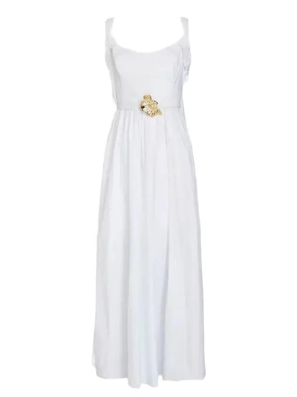 Oscar De La Renta Belted Cotton Maxi Dress With Floral Buckle - White