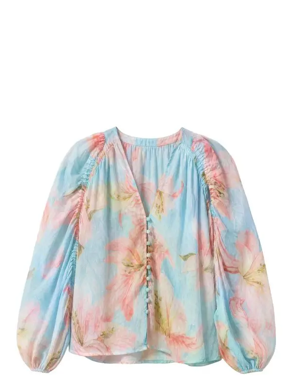 NEMA Floral Print Puffed Sleeve Blouse - Blue