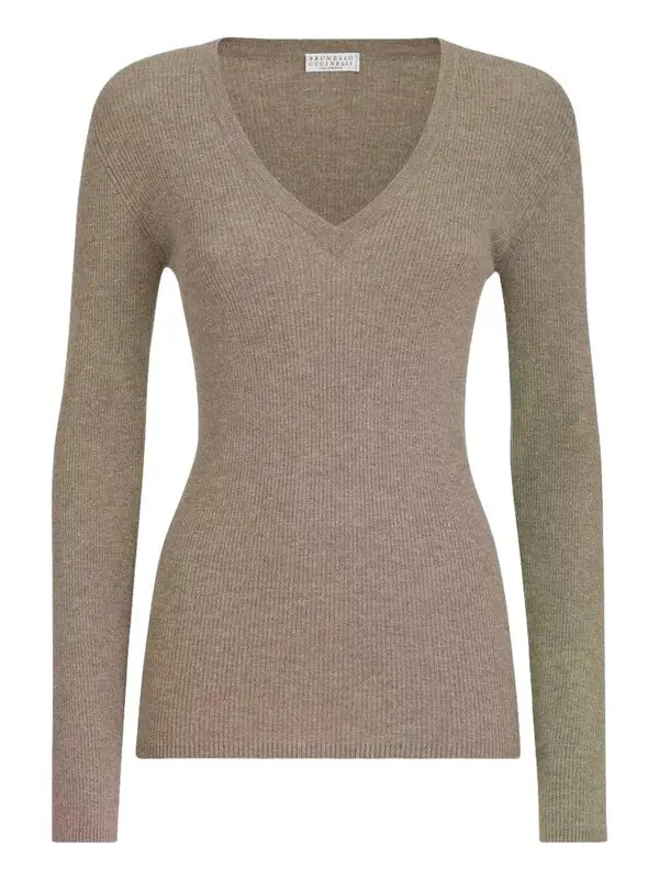 Brunello Cucinelli Sparkling Cashmere Ribbed V-neck Sweater - Neutrals