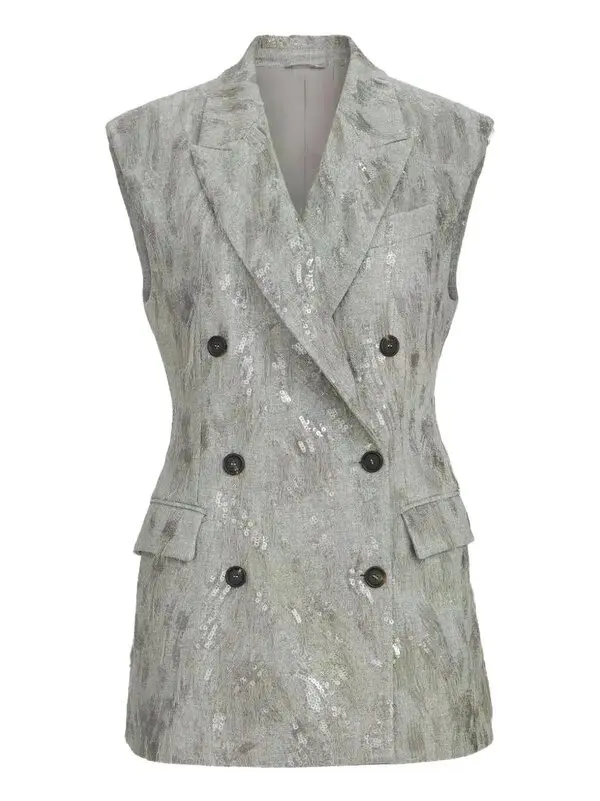 Brunello Cucinelli Virgin Wool And Cashmere Twill Flannel Vest With Dazzling Lynx Embroidery - Grey
