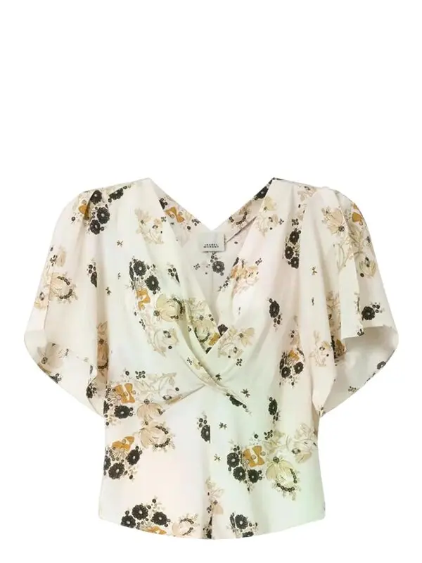 Isabel Marant Étoile Ecru Floral Print Wrap-effect Top - Neutrals