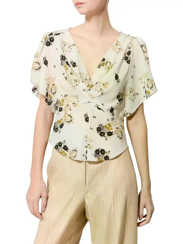 Isabel Marant Étoile Ecru Floral Print Wrap-effect Top - Neutrals