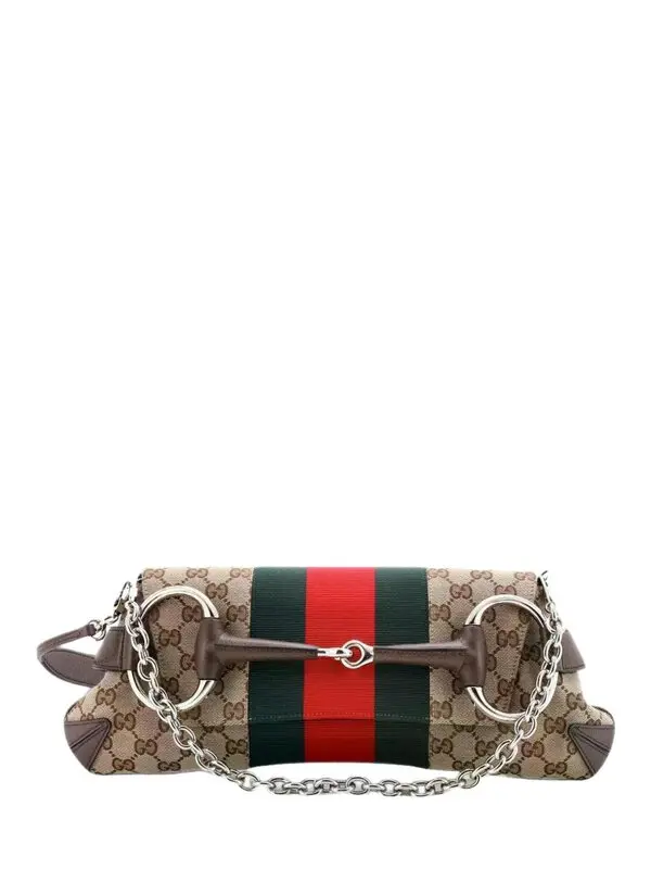 Gucci Horsebit Nm Web Chain Clutch Gg Canvas Medium Shoulder Bag - Brown