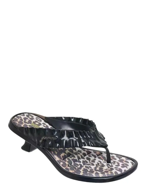 GANNI Ruffled Thong Pumps With Leopard Print And Logo Plaque - Black