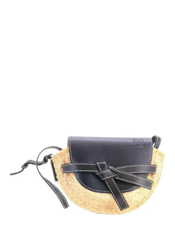 Loewe Gate Leather Shoulder Bag With Raffia - Black