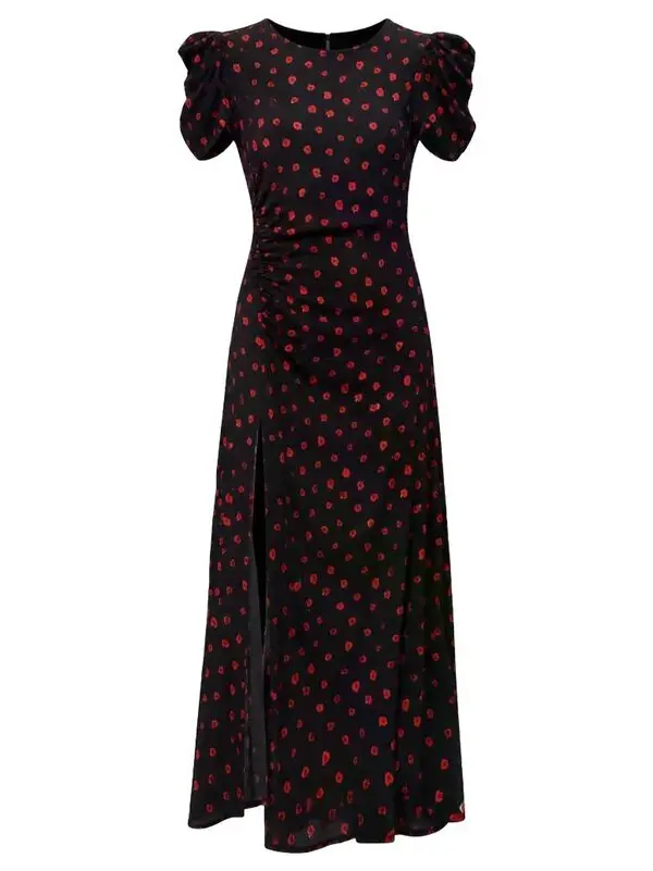 MAR DE MARGARITAS Floral Print Ruched Maxi Dress With Side Slit - Black