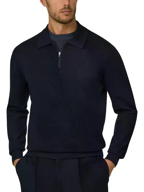 Boggi Milano Knitted Polo Shirt Quarter-zip Wool Blend Wooltech - Blue