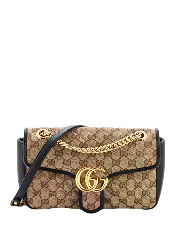 Gucci Gg Marmont Flap Bag Diagonal Quilted Gg Canvas With Leather Small Shoulder Bag - Black