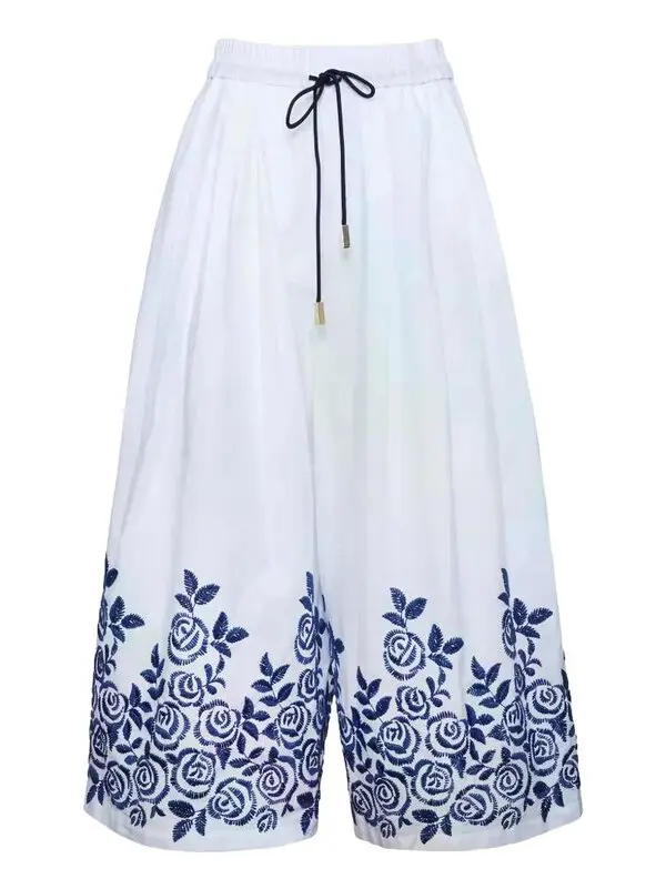Hunter Bell Floral Embroidered Wide-leg Trousers - White
