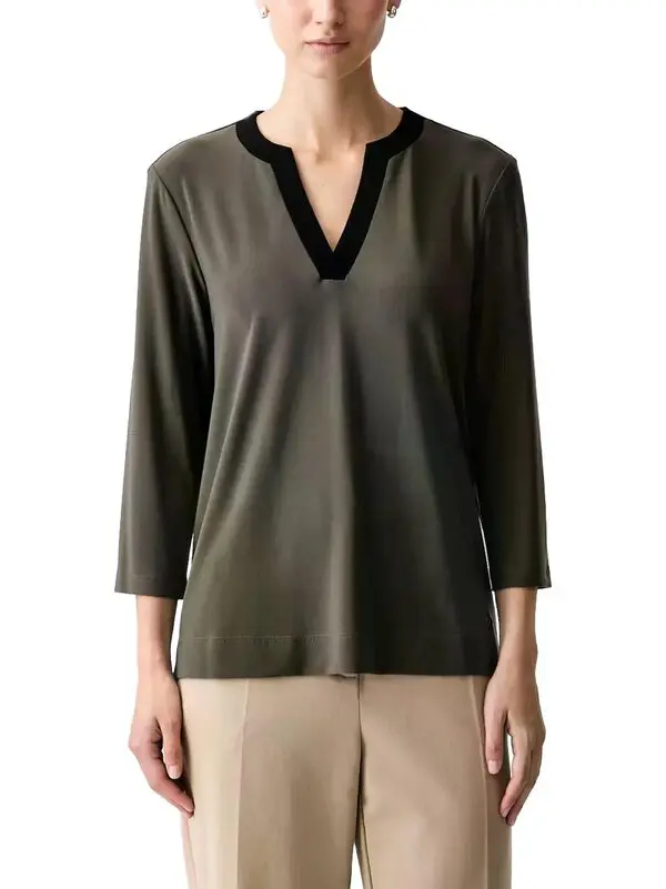 Joseph Ribkoff V-neck Three-quarter Sleeve Top With Contrast Trim - Green
