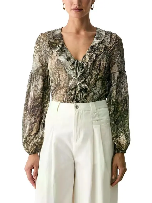 Guess Ruffled Snake-print Blouse With Front Tie - Brown