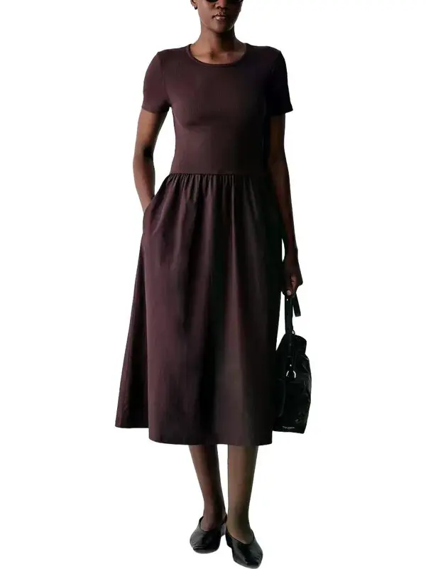 Marc O'polo Ribbed Texture Gathered Waist Midi Dress - Brown
