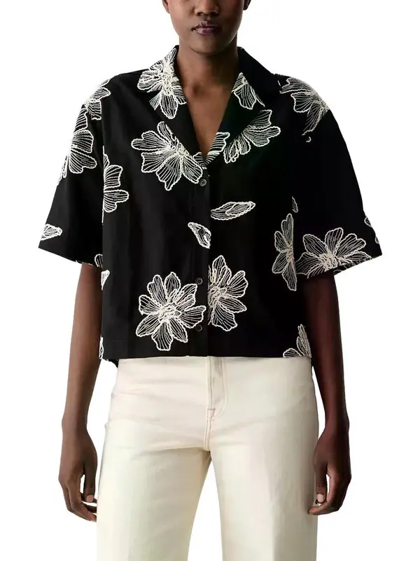 Sisley Floral Embroidered Short-sleeve Shirt - Black