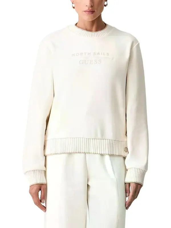Guess Crew Neck Logo Print Sweater With Button Detail - Neutrals