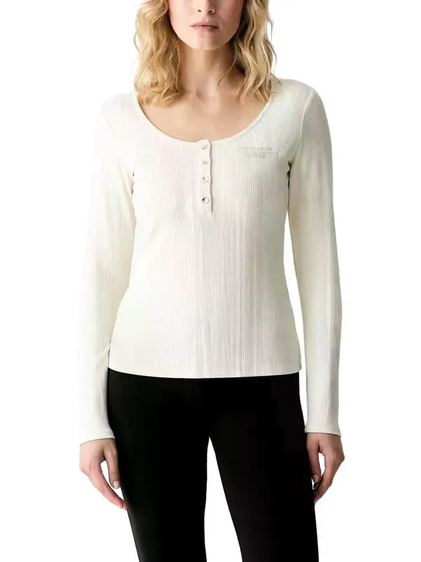 Guess Ribbed Knit Scoop Neck Henley Long Sleeve Top - Neutrals