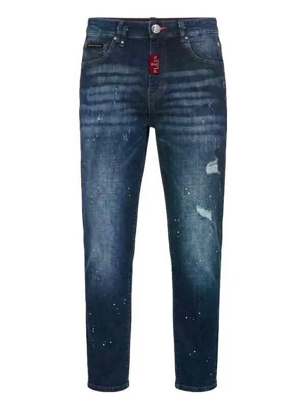 Philipp Plein Tapered Fit Jeans With Paint Splatter - Blue