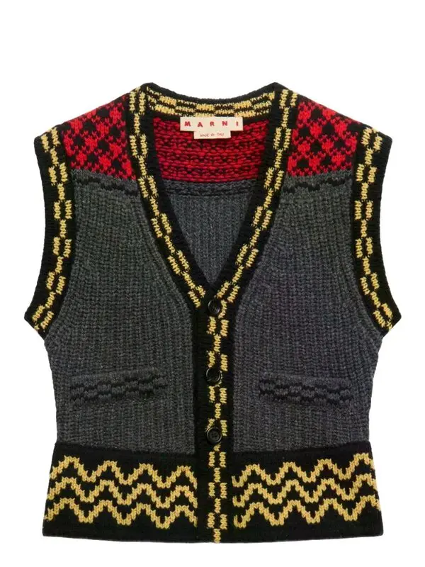 Marni Jacquard-knitted Geometric-trim Waistcoat - Grey