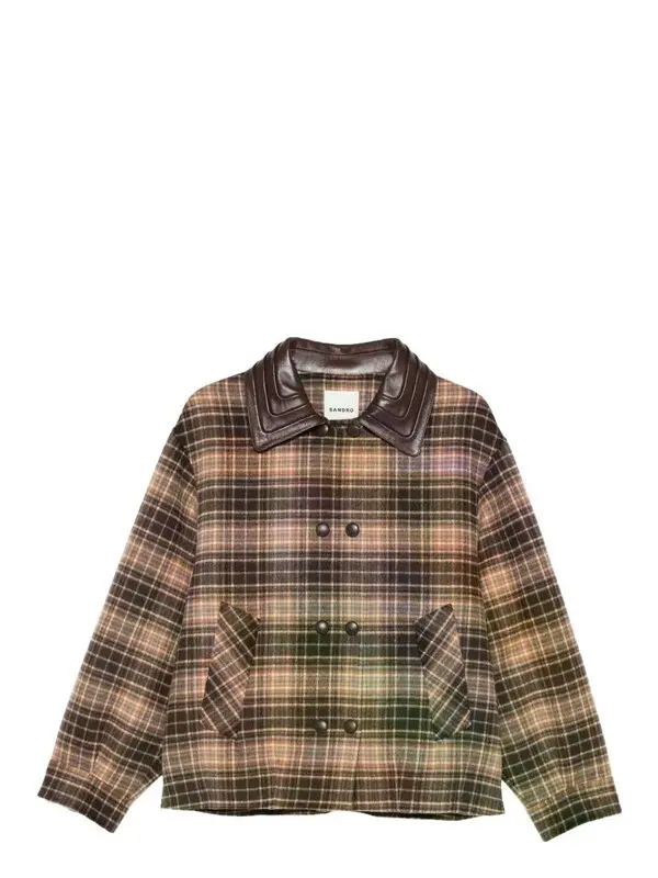 Sandro Checked Leather-collar Jacket - Brown