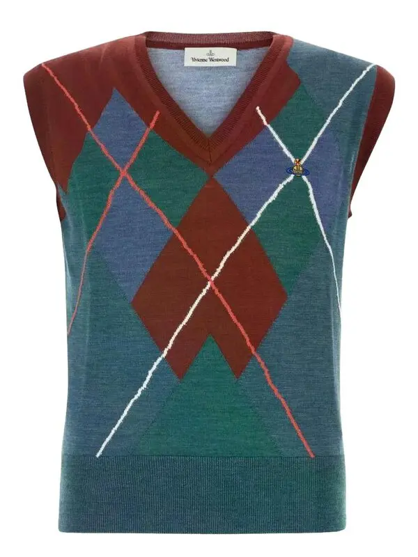VIVIENNE WESTWOOD Argyle Embroidered Sleeveless V-neck Sweater - Blue