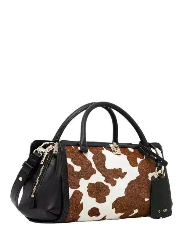 Guess Cow-print Logo-plaque Shoulder Bag - Brown