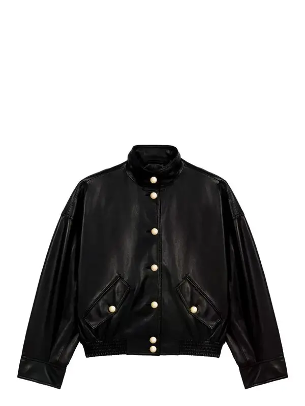 Maje Leather High Neck Jacket With Gold Button Detail - Black
