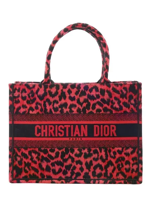 Dior Embroidered Canvas Leopard Book Tote Bag - Red