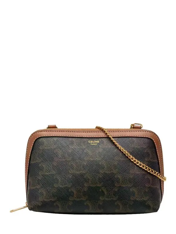 Celine Triomphe Coated Canvas Clutch On Chain Crossbody Bag - Brown