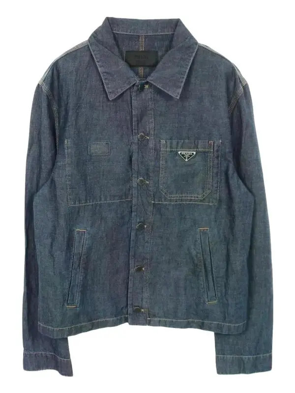 Prada Chambray Triangle Logo Denim Jacket - Blue