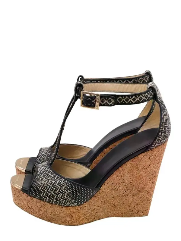 JIMMY CHOO Leather Geometric Print T-strap Wedge Sandals - Black