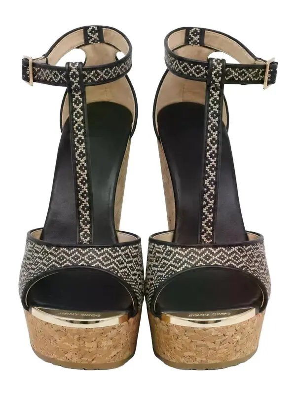 JIMMY CHOO Leather Geometric Print T-strap Wedge Sandals - Black